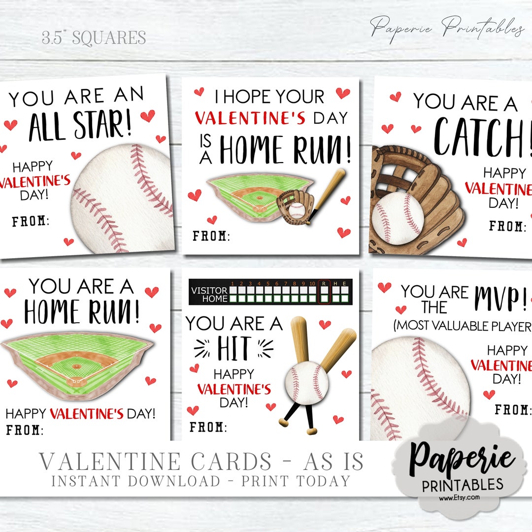 Baseball Valentine Cards for Kids: Printable School Valentines (instant ...