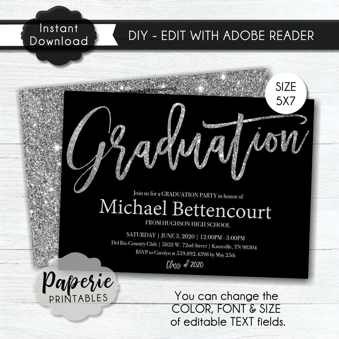 Graduation Party Invitation Template-silver Glitter Graduation | Etsy
