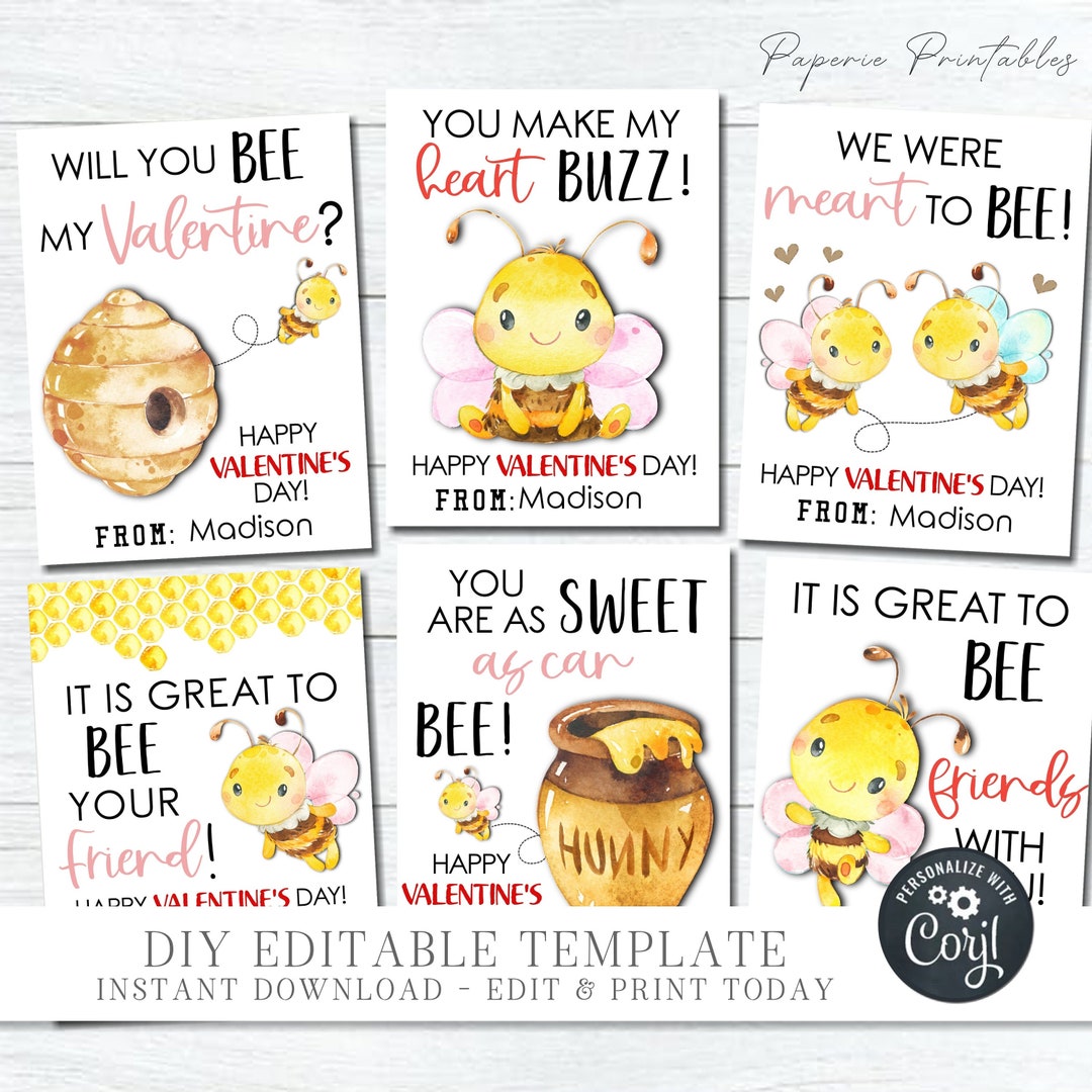 EDITABLE Bee Valentine Cards, Honey Bee Valentine Cards, School ...