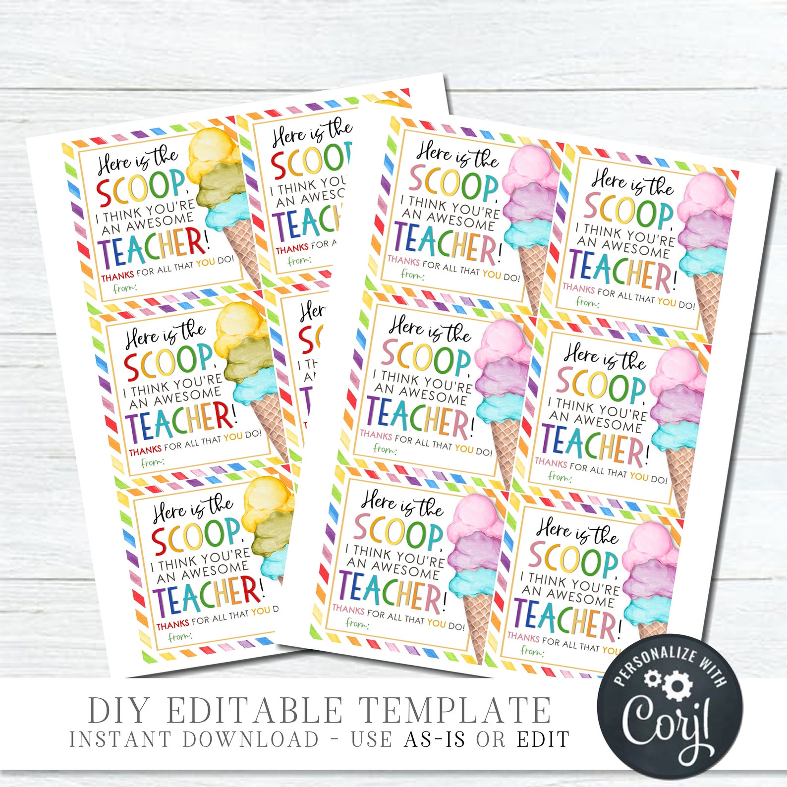 Editable Teacher Appreciation Gift Tag: Ice Cream Scoop (digital ...
