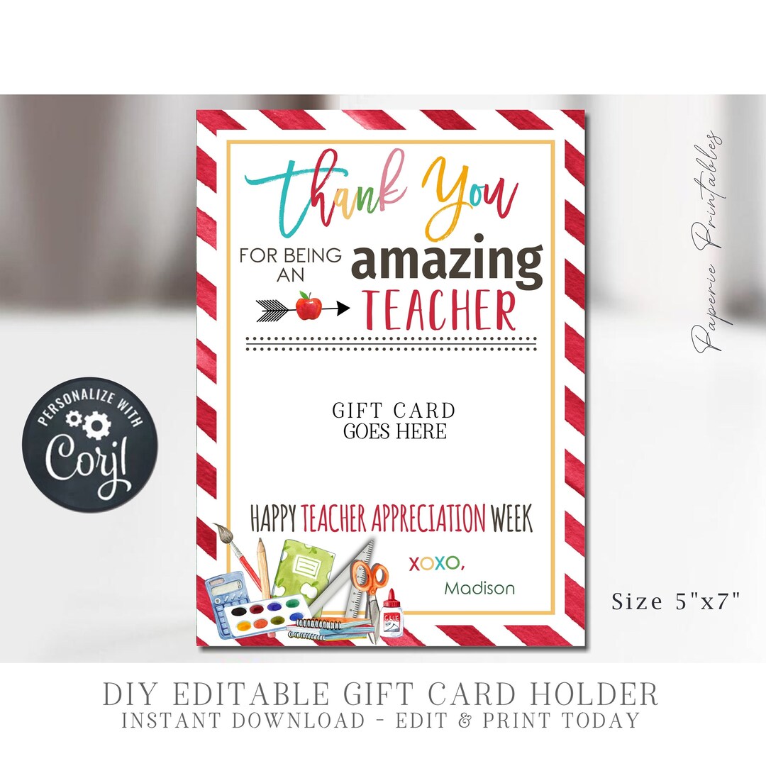 Editable Teacher Appreciation Gift Card Holder (5x7) (corjl Digital ...