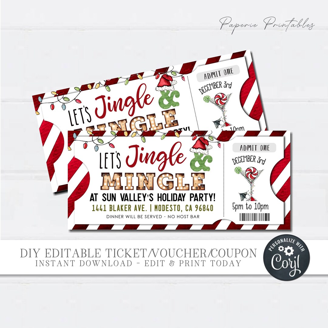 EDITABLE Jingle & Mingle Christmas Party Ticket, Christmas Party Ticket ...