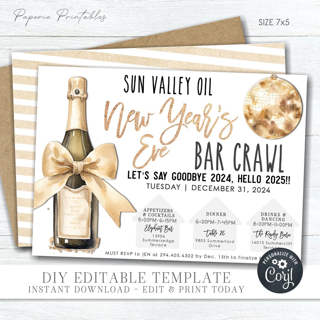 Editable New Year's Eve Bar Crawl Invitation (DIY W/corjl) - Etsy