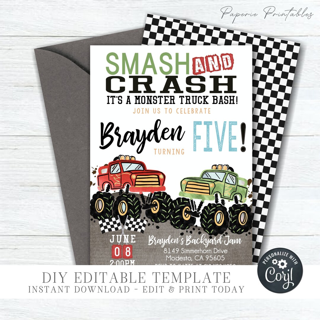 Monster Truck Birthday Invitation: Smash and Crash, Editable Template ...