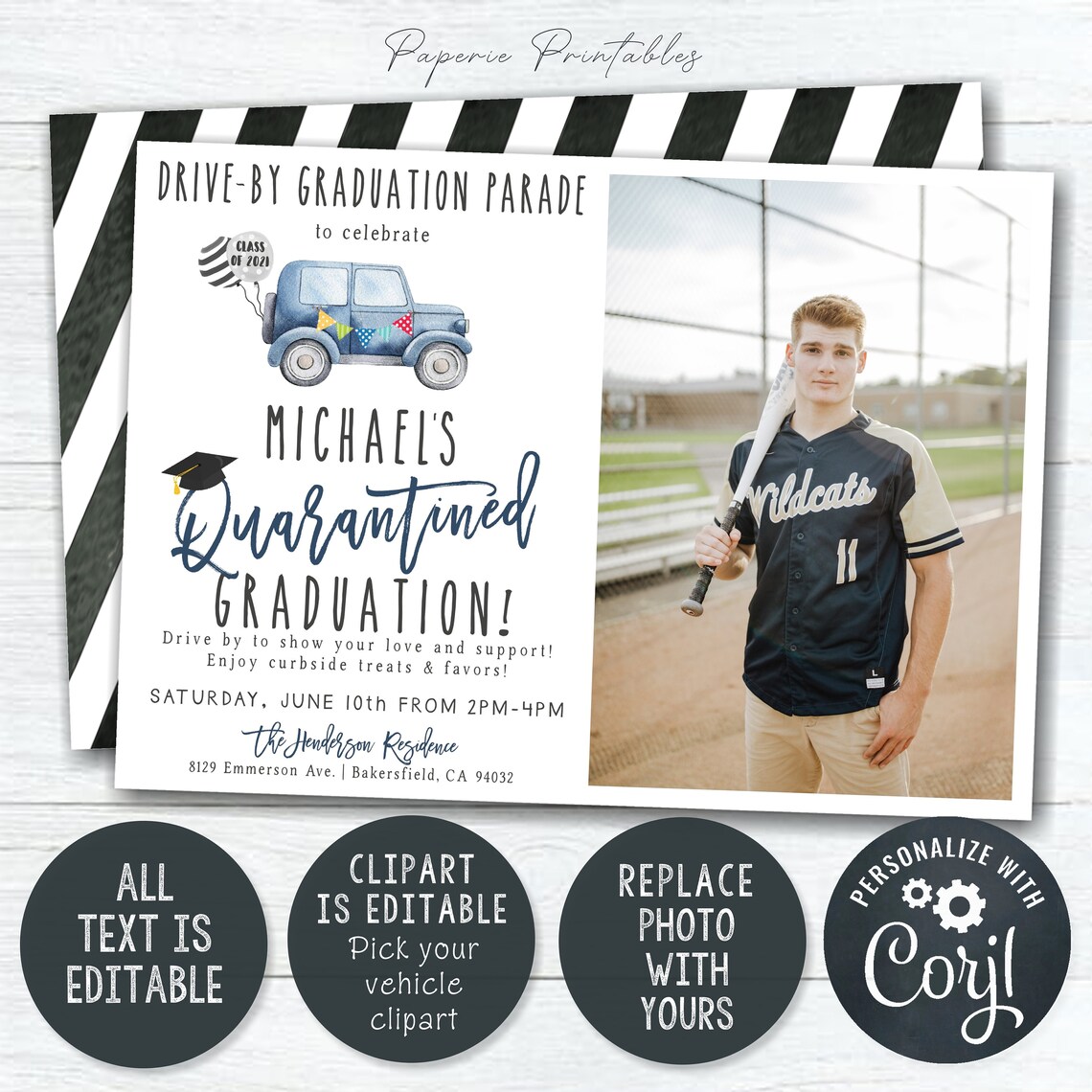 Editable Graduation Parade Invitation: Photo, Vehicle Clipart (DIY ...
