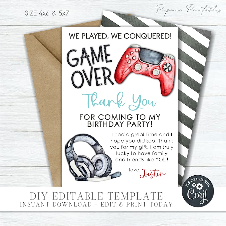 EDITABLE Gaming Birthday Thank You Card Video Game Birthday - Etsy Canada