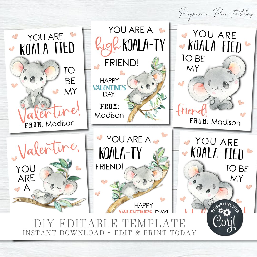 Editable Koala Valentine Cards: DIY School Valentine Tags (corjl) - Etsy