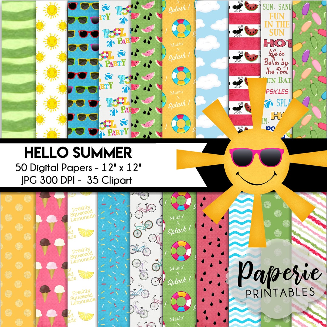 Hello Summer Digital Paper - 12x12 Digital Scrapbooking Paper - 50 ...