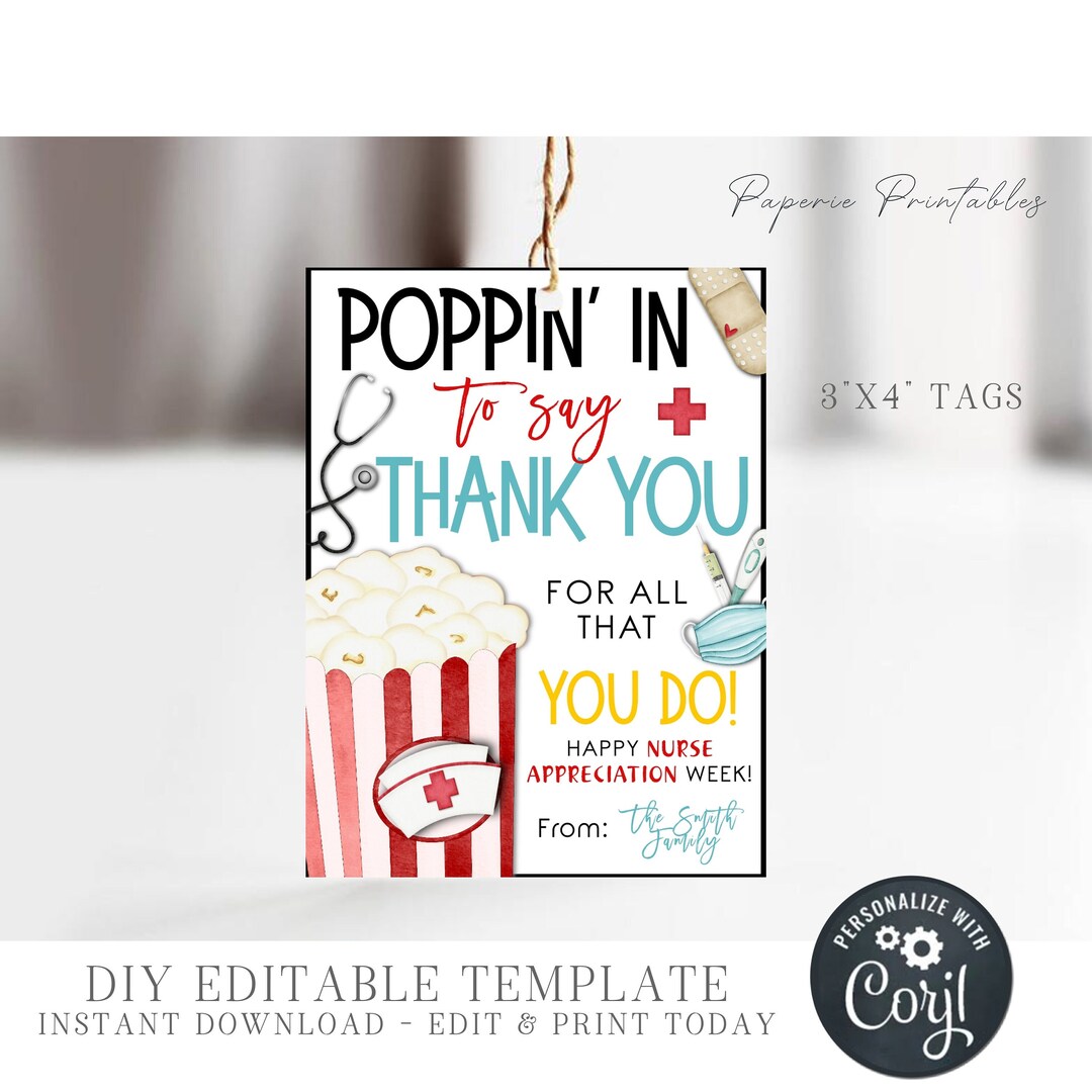 EDITABLE Popcorn Nurse Appreciation Gift Tag, Nurse Appreciation Tag ...