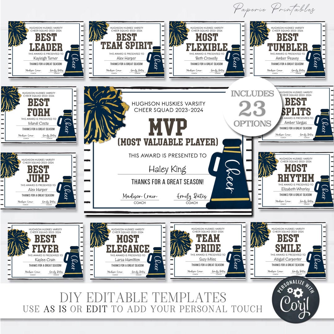 Editable Cheerleading Award Certificate: Navy and Gold (DIY Corjl ...