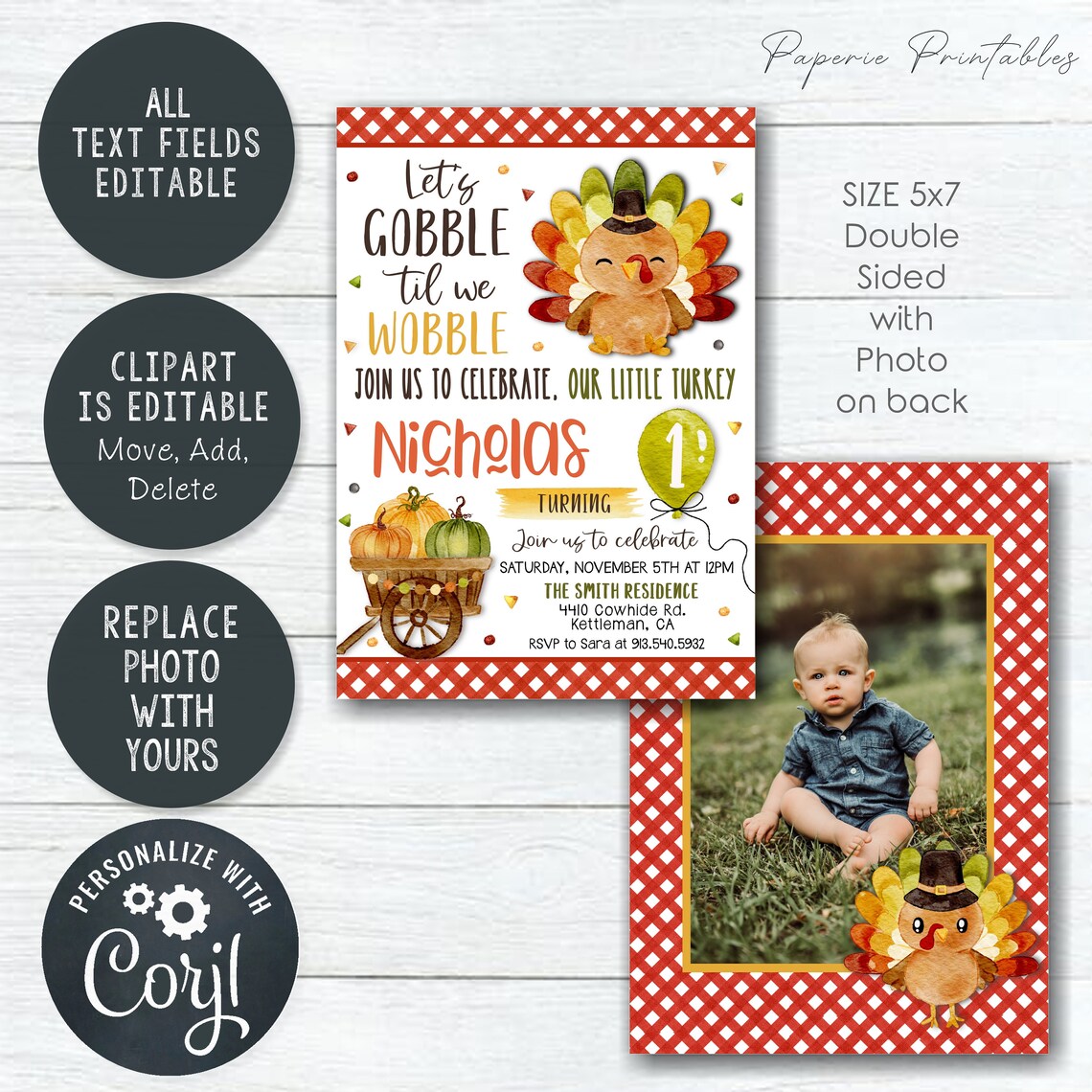 EDITABLE Gobble Til We Wobble Birthday Invitation - Etsy