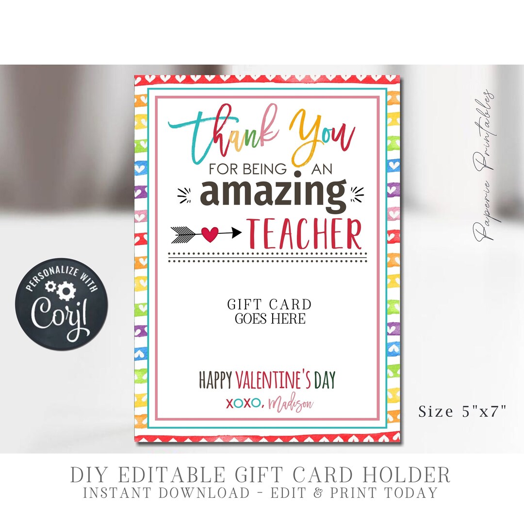 Editable Teacher Valentine Gift Card Holder: 5x7 Printable (digital ...