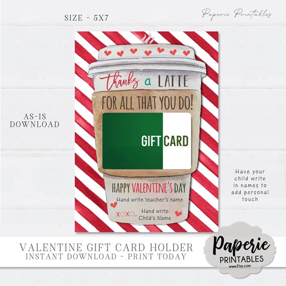 Thanks a LATTE Gift Card Printable Valentine's Day | Etsy