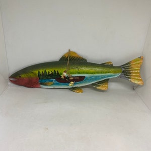 Vintage Tin, Painted Pike (?) Fish, Fisherman in Rowboat, Porch, Patio ...