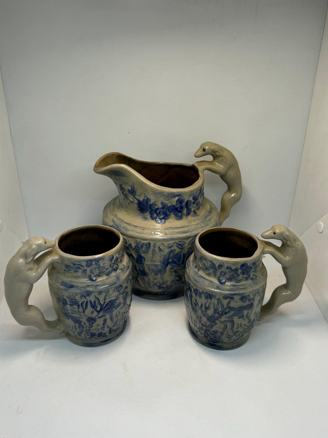 Beaumont Brothers Salt Glazed Pottery Set; Pitcher, Two Mugs W/dog ...