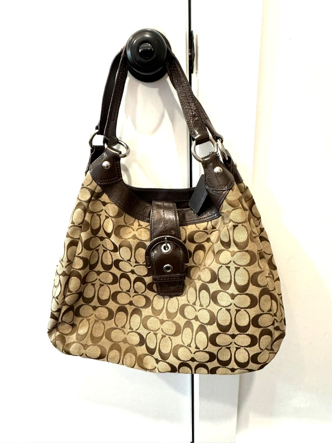 Large Coach Hobo C Logo Bag Brown Leather, Fabric With Coach Tag, Creed ...