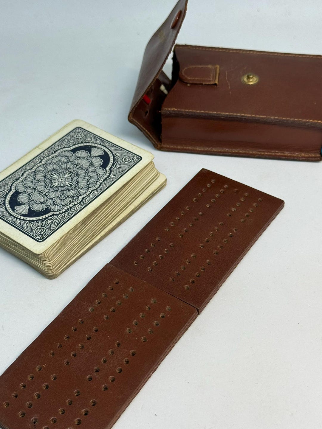 Vintage Travel Cribbage Board, Folding Leather Board, Leather Case, 2 ...