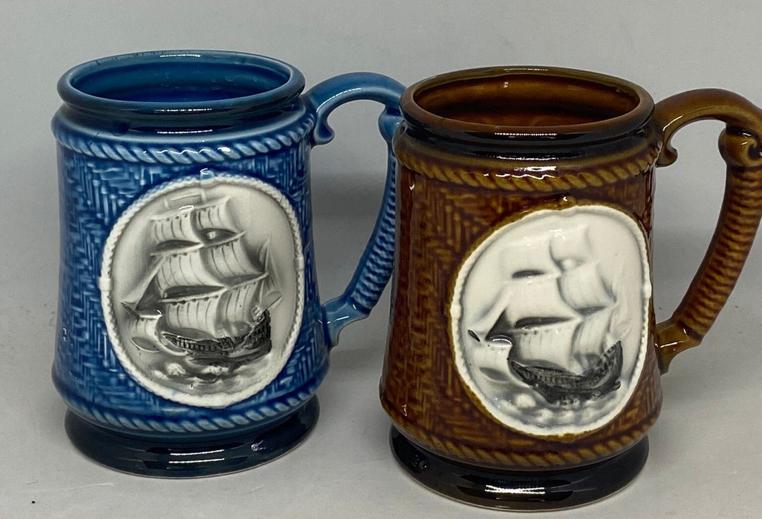 Pair of Lefton Ceramic Clipper Ship Decorated Mugs in Blue and Brown ...