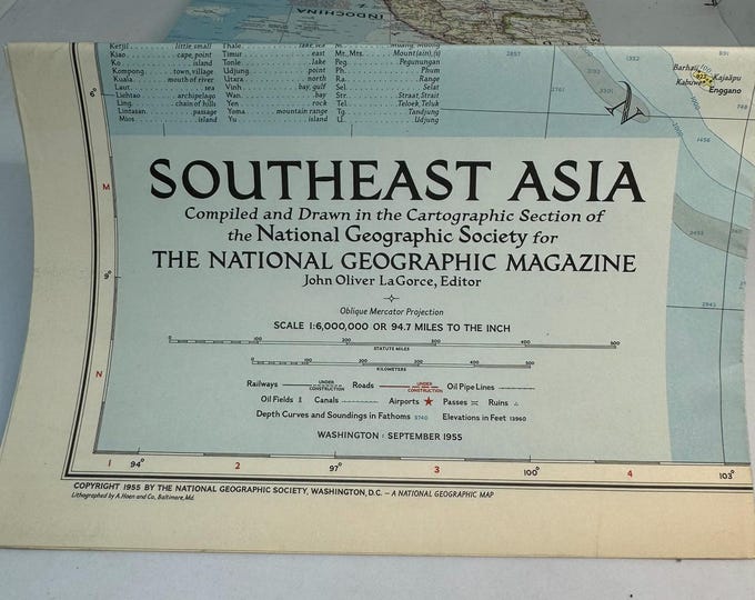 Southeast Asia Map 1955 National Geographic, Frameable, Vintage, 34" X ...