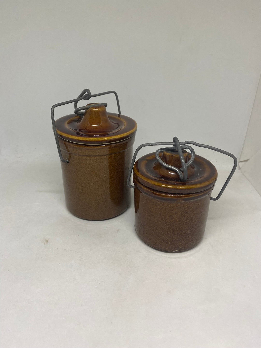 Pair of Vintage Crocks With Metal Closures, Stoneware With Brown Glaze ...