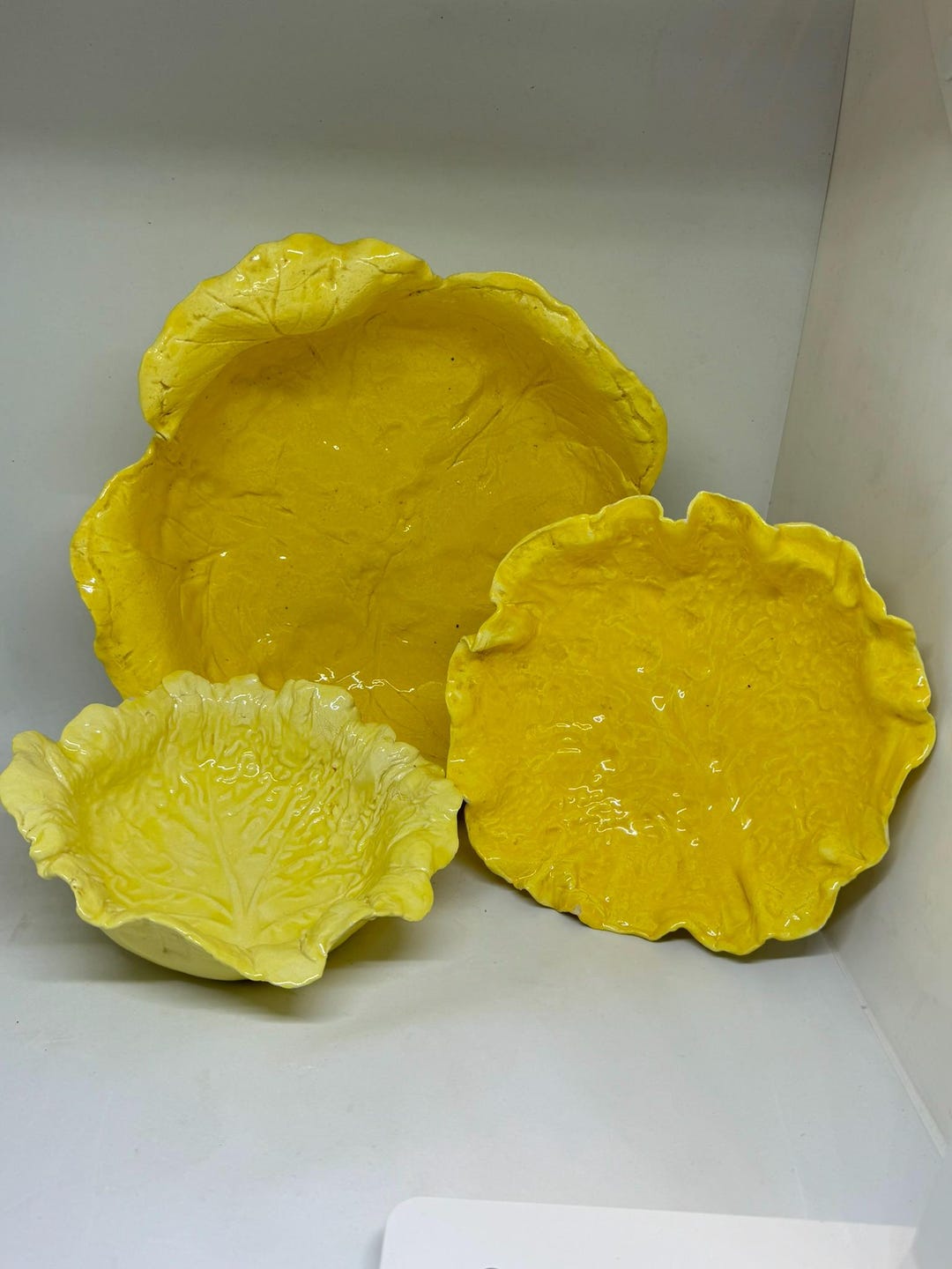 Set of 3 Handmade Cabbage Leaf Design Ruffled Yellow Ceramic Bowls ...