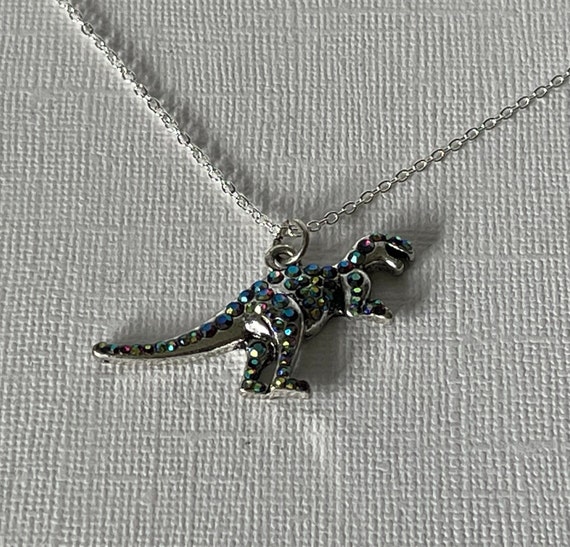 Rhinestone dinosaur necklace, silver dinosaur necklac… - Gem
