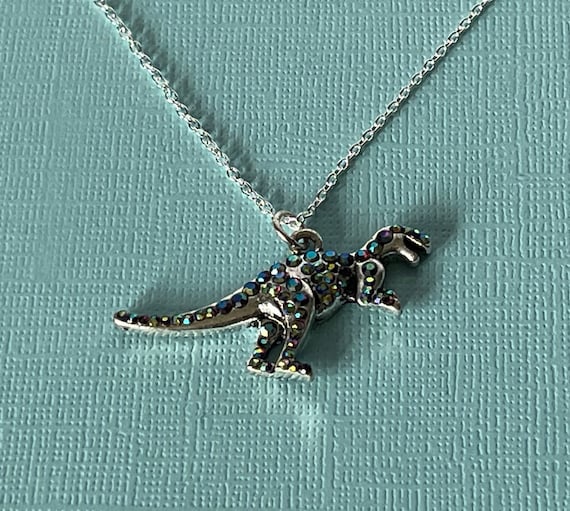 Rhinestone dinosaur necklace, silver dinosaur necklac… - Gem