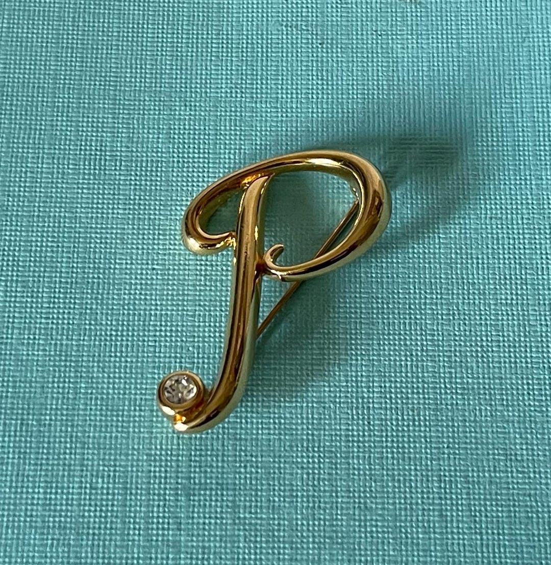 Vintage Letter P Brooch, Rhinestone Letter P Pin, Gold Letter P Brooch ...