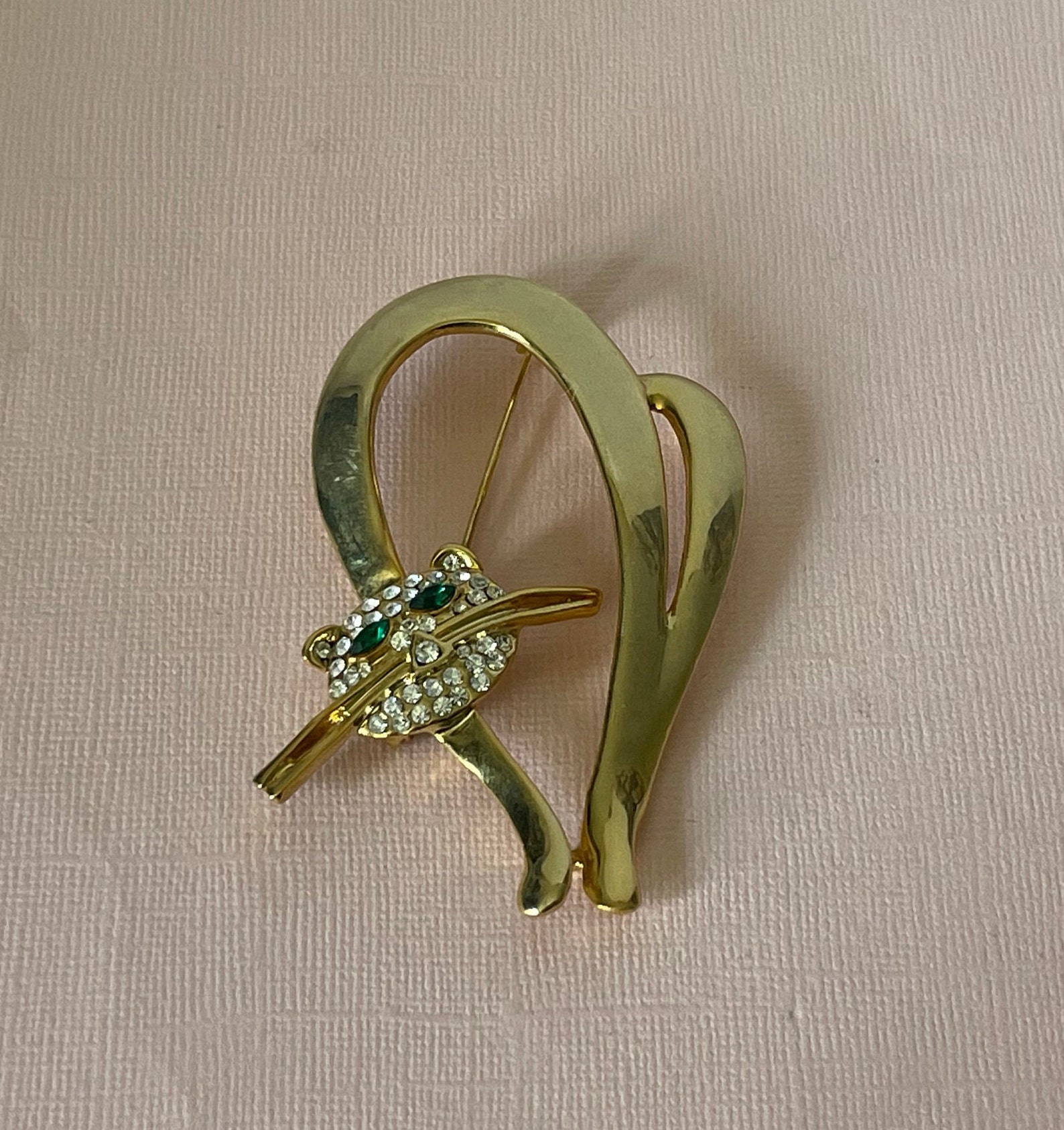 Large Vintage Rhinestone Cat Brooch, Green Eye Cat Pin, Gold Cat Brooch ...