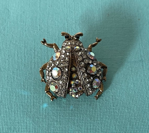 Aurora borealis rhinestone lady bug brooch, beetle pi… - Gem
