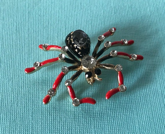 Black and red rhinestone spider pin, spider brooch, H… - Gem