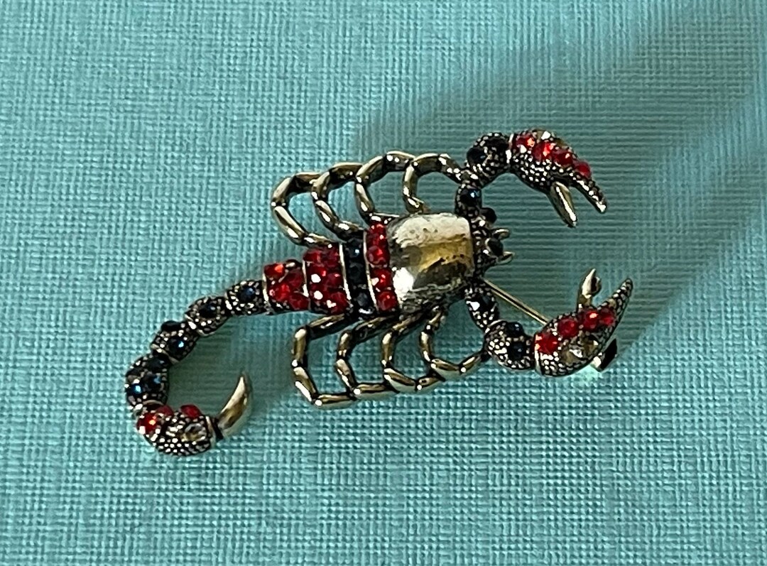 Rhinestone Scorpion Brooch, Gold Scorpion Pin, Red Rhinestone Scorpion ...