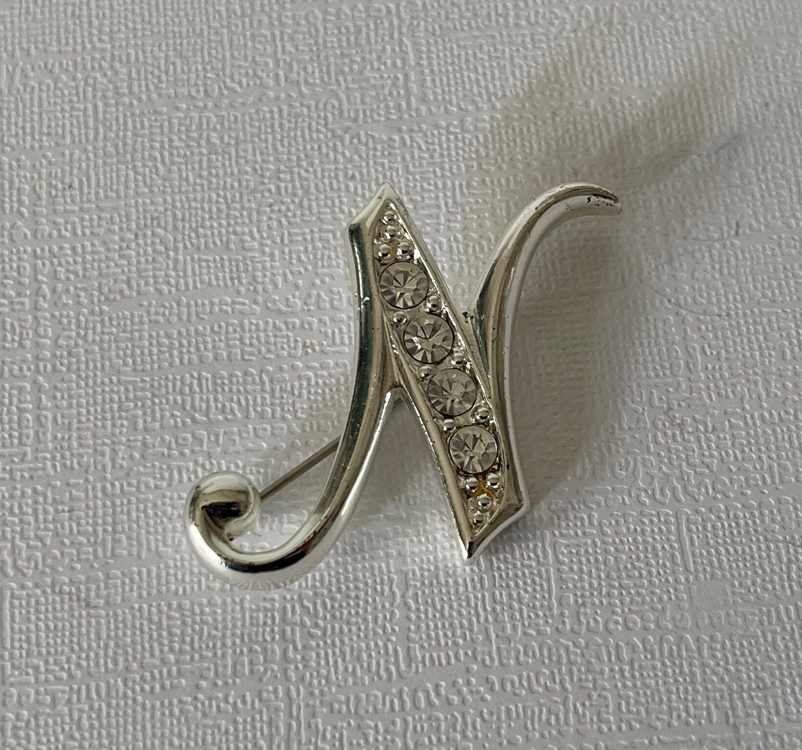 Vintage Letter N Brooch, Rhinestone Letter N Pin, Silver Letter N ...