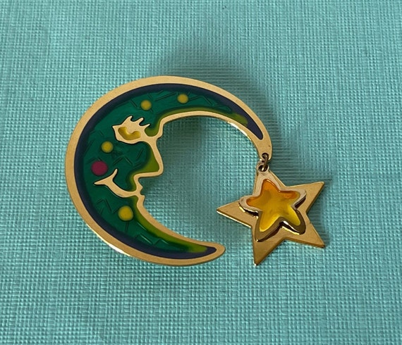Vintage crescent moon brooch, dangle moon pin, man in… - Gem