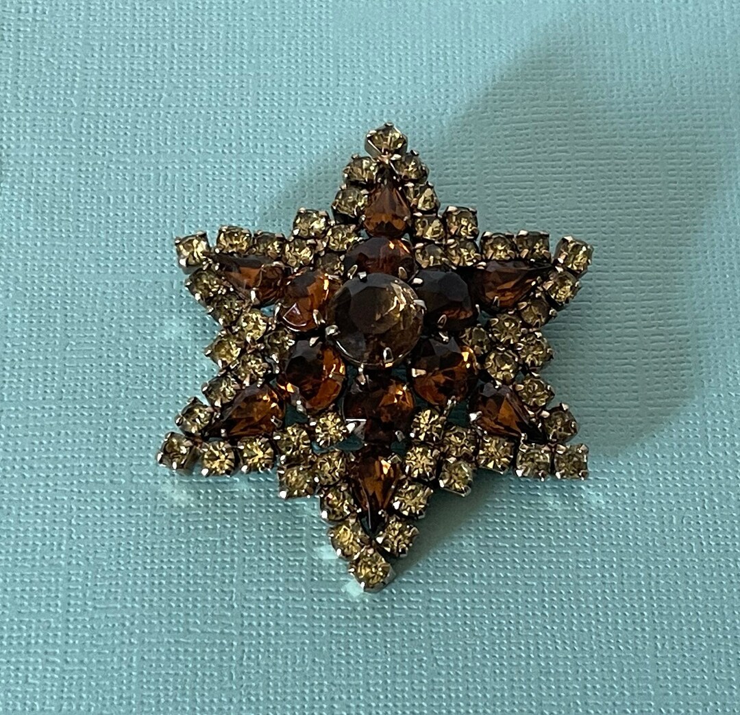 Vintage Star Brooch, Rhinestone Star Pin, High End Star Pin, Amber Star ...