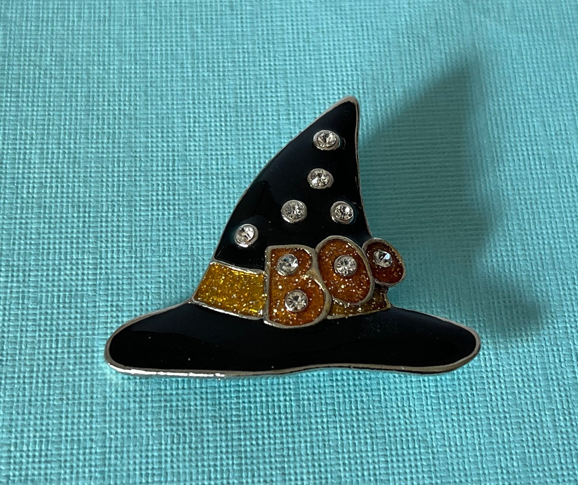 Vintage Witches Hat Halloween Brooch BOO Brooch Rhinestone - Etsy
