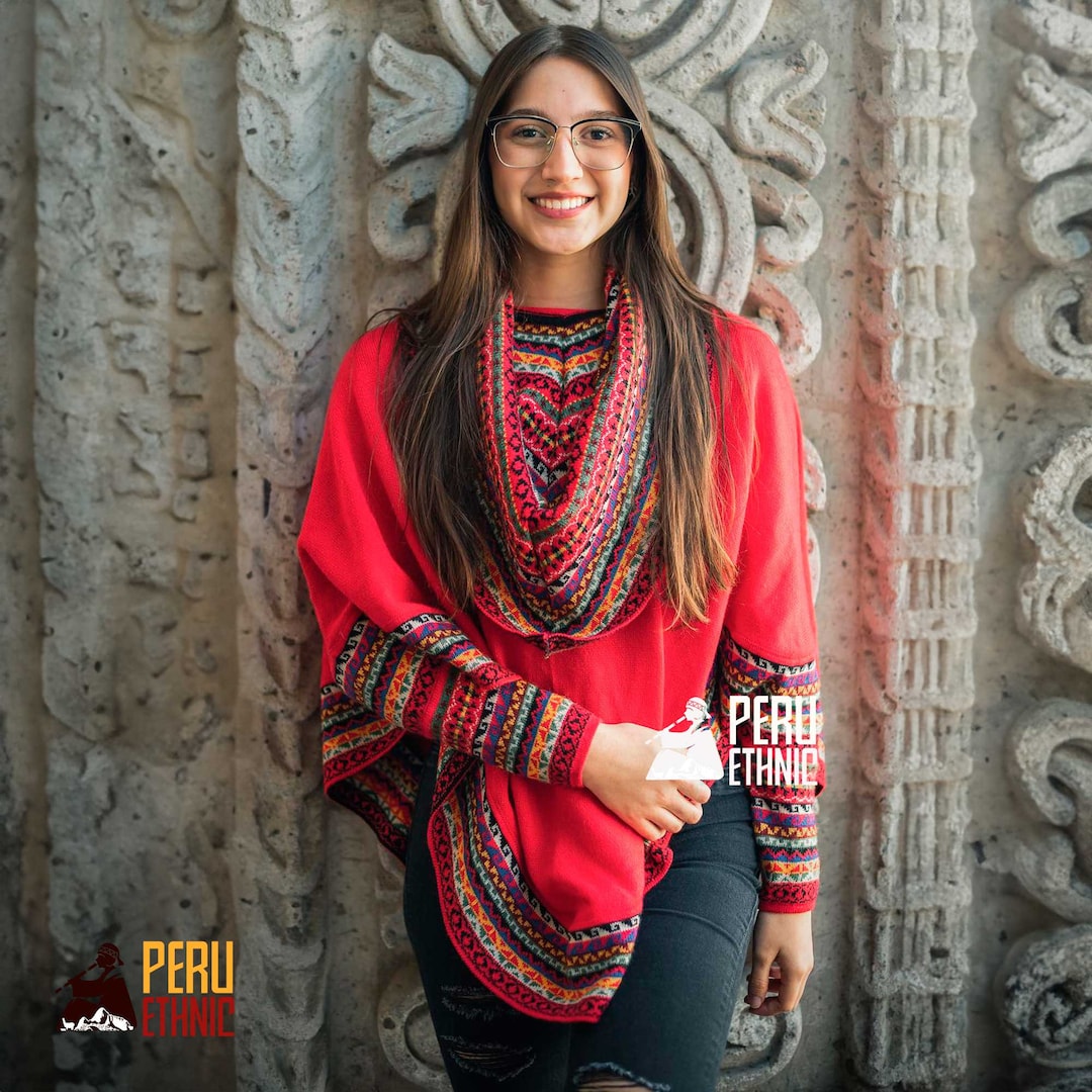 Andean Poncho, Red Poncho With Long Sleeves, Peruvian Alpaca Poncho for ...