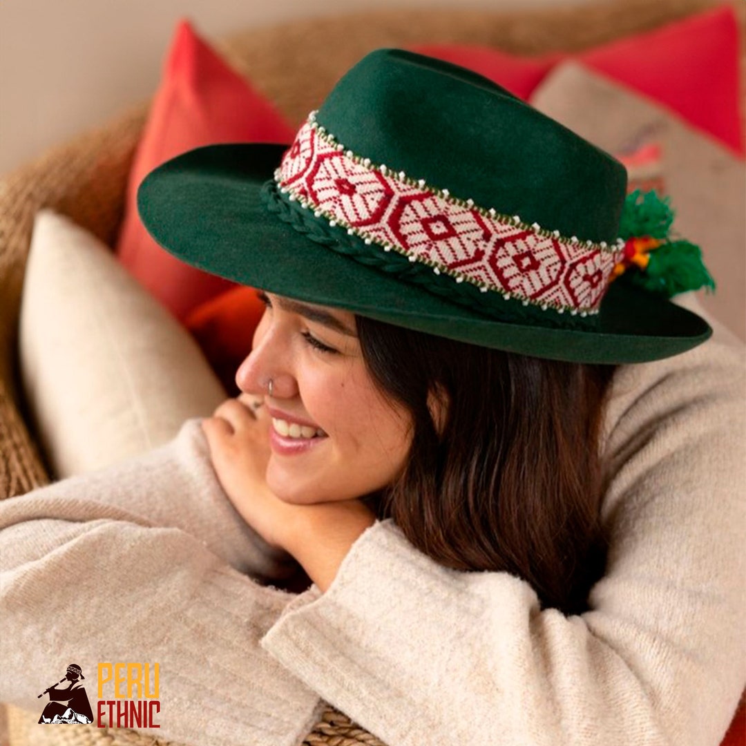 Felt Fedora Hat With Andean Motif Band. Green Winter Fedora for Women ...