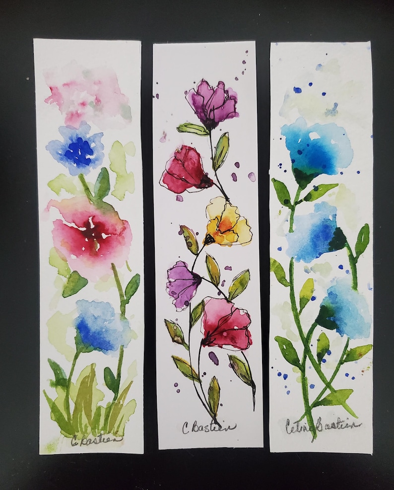 Three Bookmarks, Floral, Hand Painted in Water Colour, Mom, Bookworm ...
