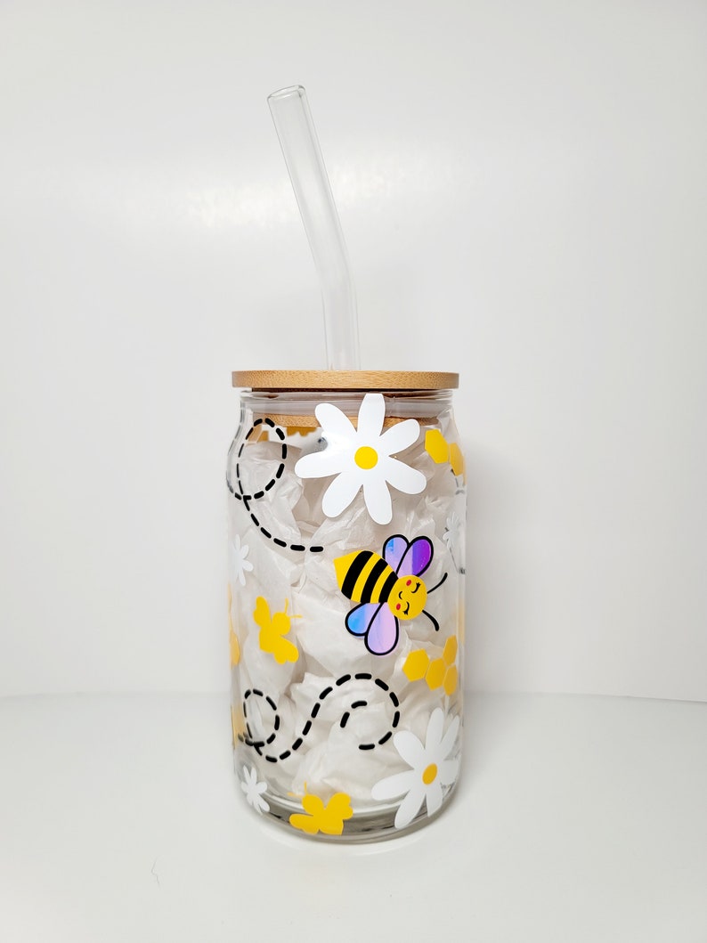 Honey Bee Glass Can, 16 Oz Beer Can, Honey Bee, Honeycombs, & Daisies ...