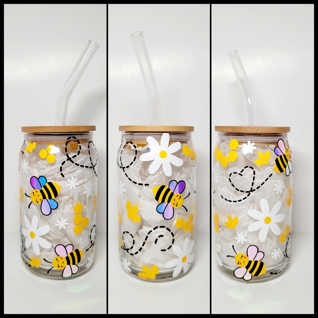 Honey Bee Glass Can, 16 Oz Beer Can, Honey Bee, Honeycombs, & Daisies ...