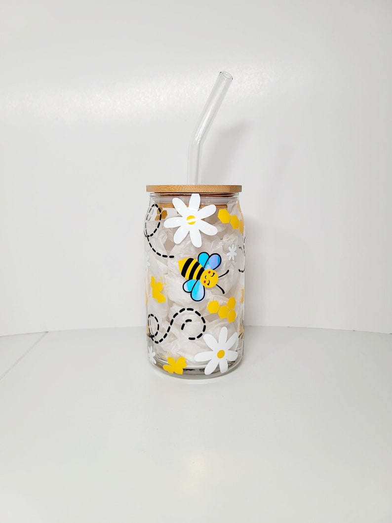 Honey Bee Glass Can, 16 Oz Beer Can, Honey Bee, Honeycombs, & Daisies ...