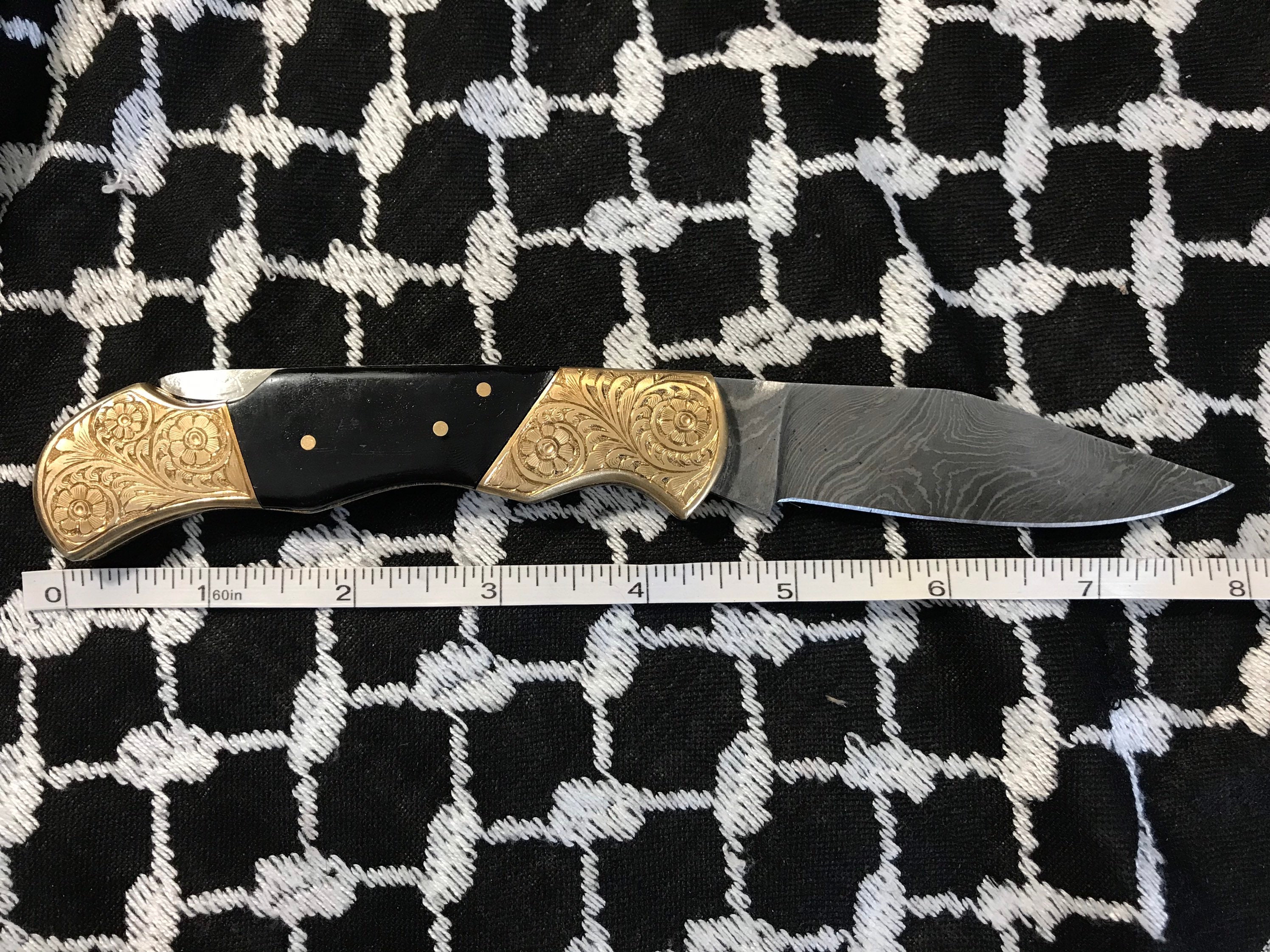 Custom Made Damascus Folding Knife Hand Engraved Handle + Leather Case ...