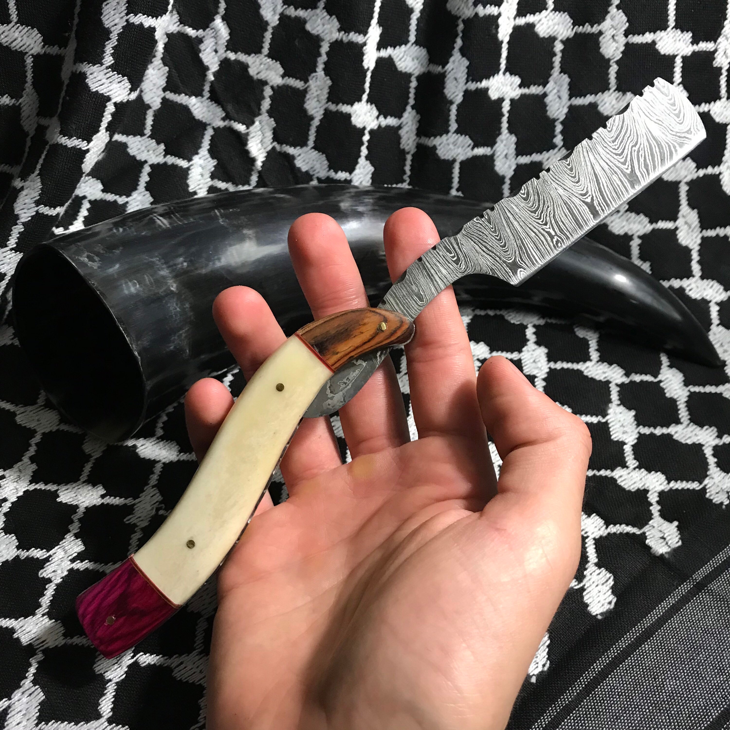 Custom Made Damascus Straight Razor With Bone & Wood Damascus | Etsy