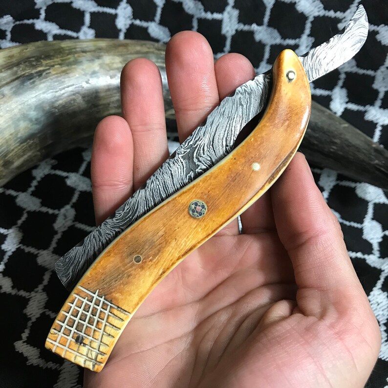 Custom Made Damascus Straight Razor With Carved Bone Handle & | Etsy