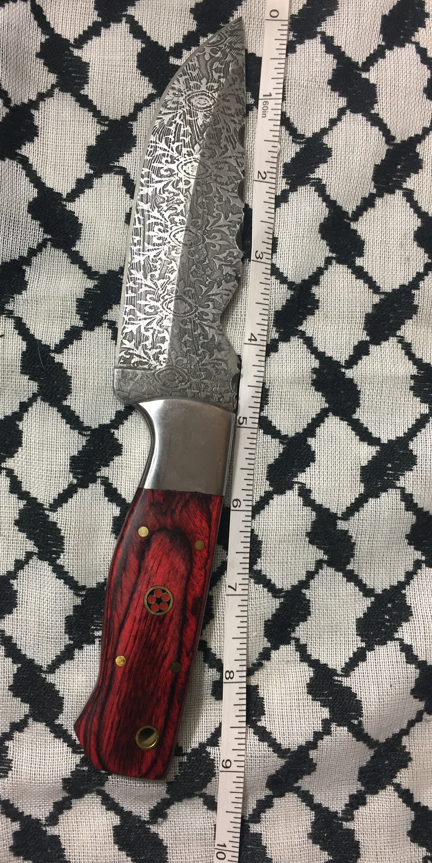 Custom Made Damascus Knife W/engraving on the Blade & Red Wood Handle ...