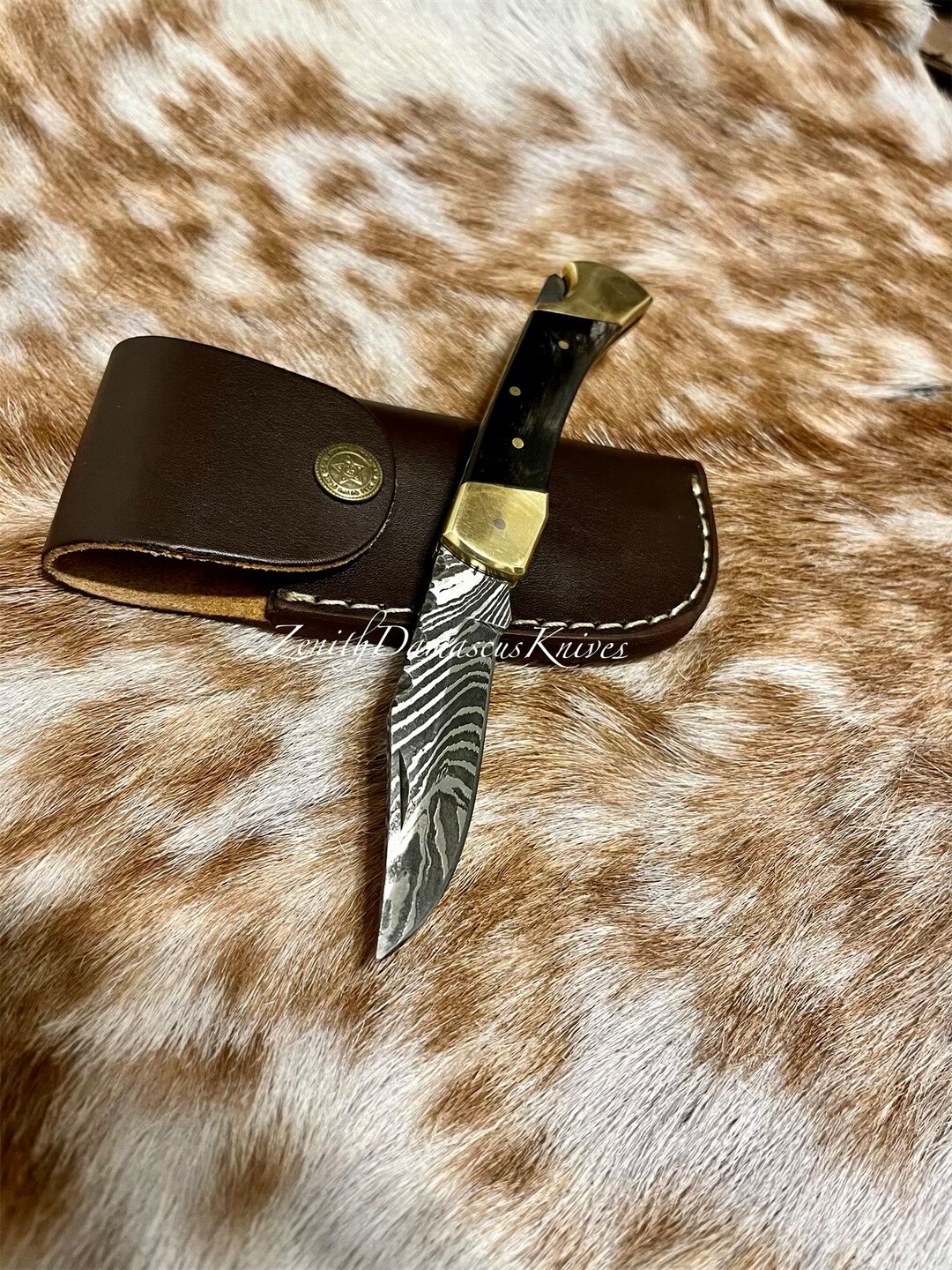 Personalized Zebra Damascus Folding Knife With Bull Horn - Etsy