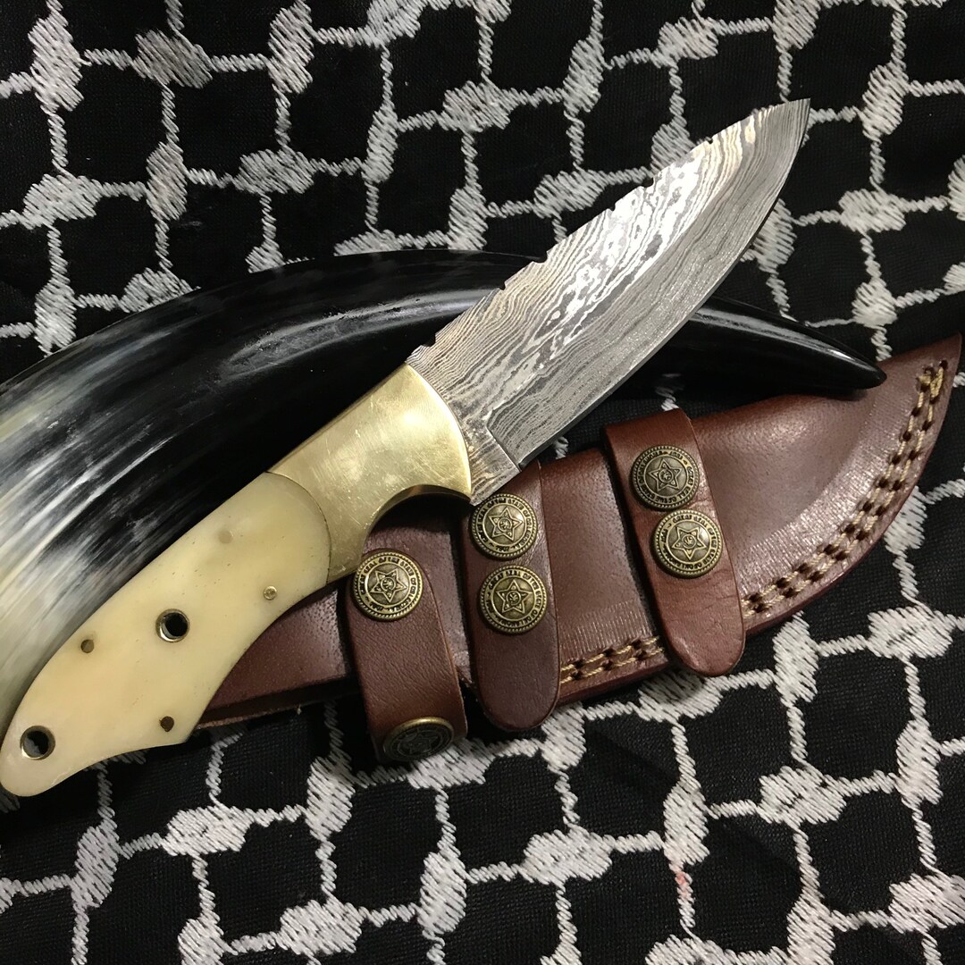 Custom Made Damascus Knife With Bone Handle + Cross Draw Leather Case ...