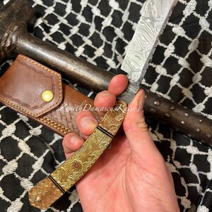 Custom Made Damascus Straight Razor With Carved Brass Handle, Damascus ...