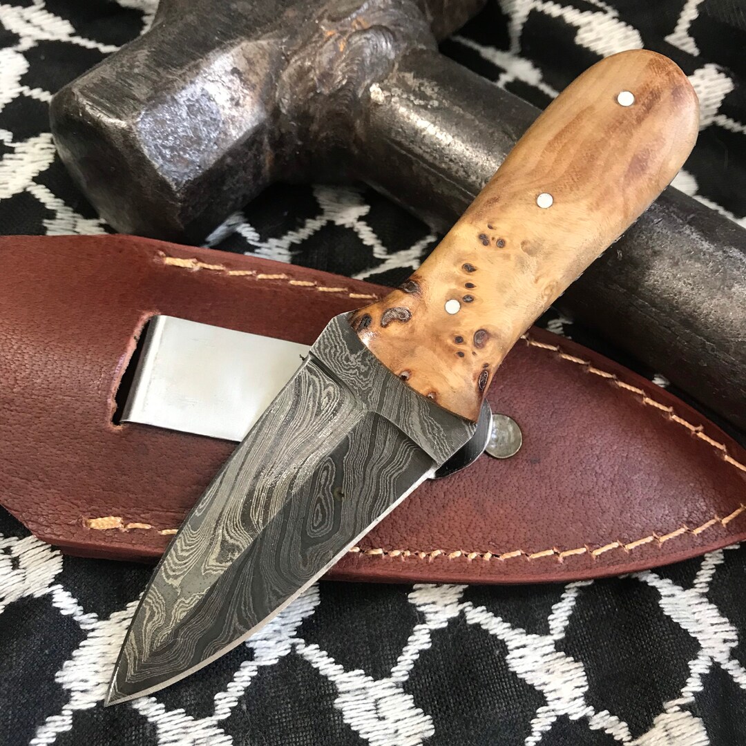Personalized 6’ Custom Damascus Boot Knife With Clip Elm Burl Wood ...